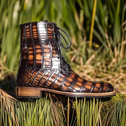 Handmade Pure Leather Alligator Embossed Lace-up Ankle Boots For Men on ...