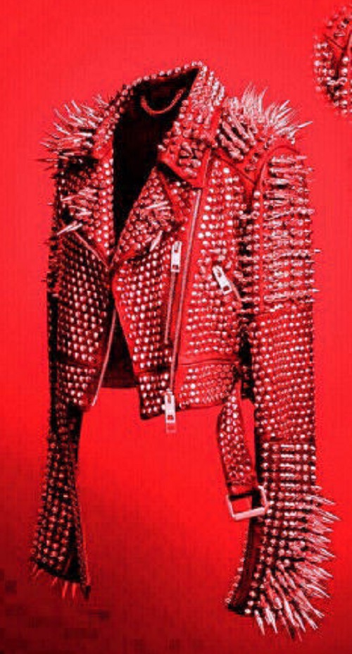 New Mens Full Red Punk Silver Long Spiked Studded Leather Brando Jacket ...