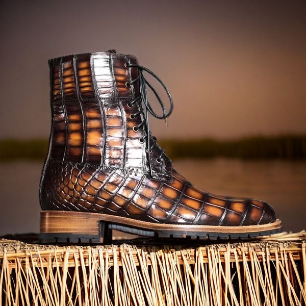 Handmade Pure Leather Alligator Embossed Lace-up Ankle Boots For Men on ...