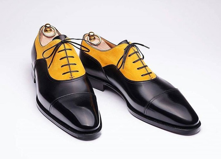 Men Two Tone Black Yellow Cont Rounded Cap Toe Derby Real Leather Shoes ...