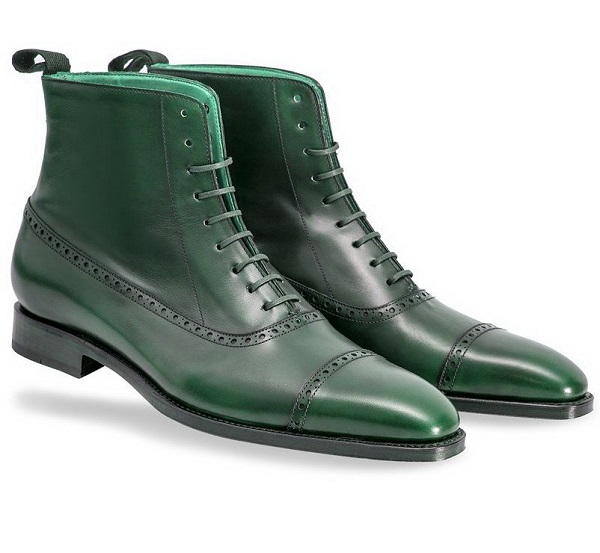 Green High Ankle Genuine Leather Handmade Rounded Derby Cap Toe Lace Up ...