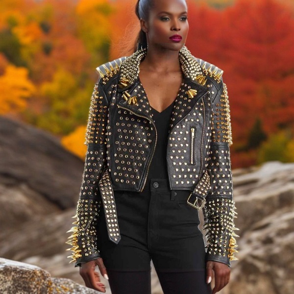 Rock Punk Gothic Golden Studded Brando Biker Leather Motorcycle Jacket ...